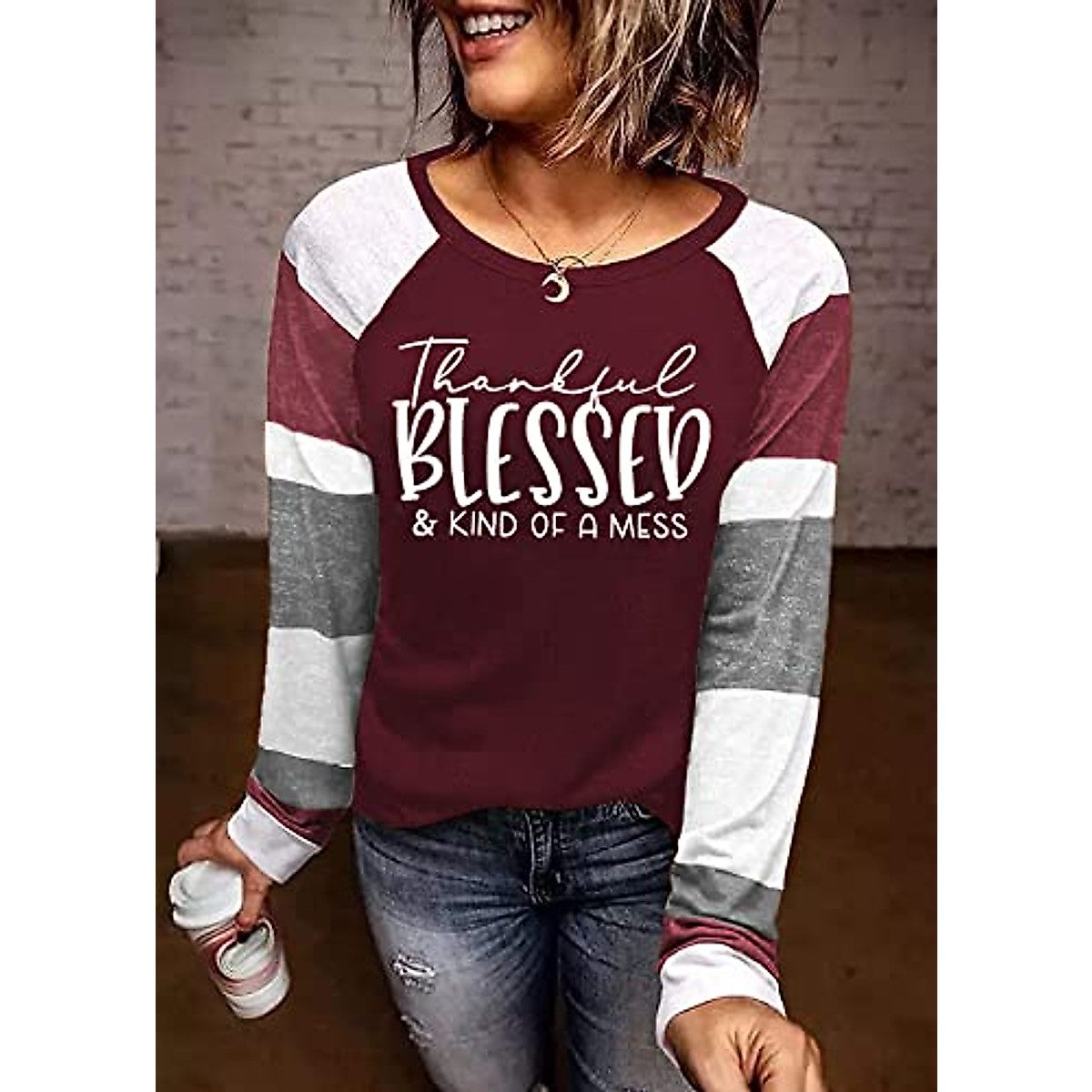 Thankful Blessed and Kind of a Mess Shirt Women Blessed Tshirt Color Block Splicing Top Thanksgiving Long Sleeve Shirt Red