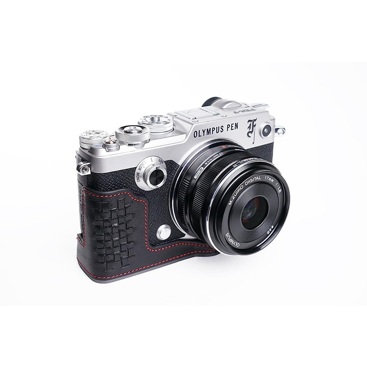 PENF Case, BolinUS Handmade Genuine Real Leather Half Camera Case Bag Cover for Olympus PEN-F Bottom Opening Version -Black