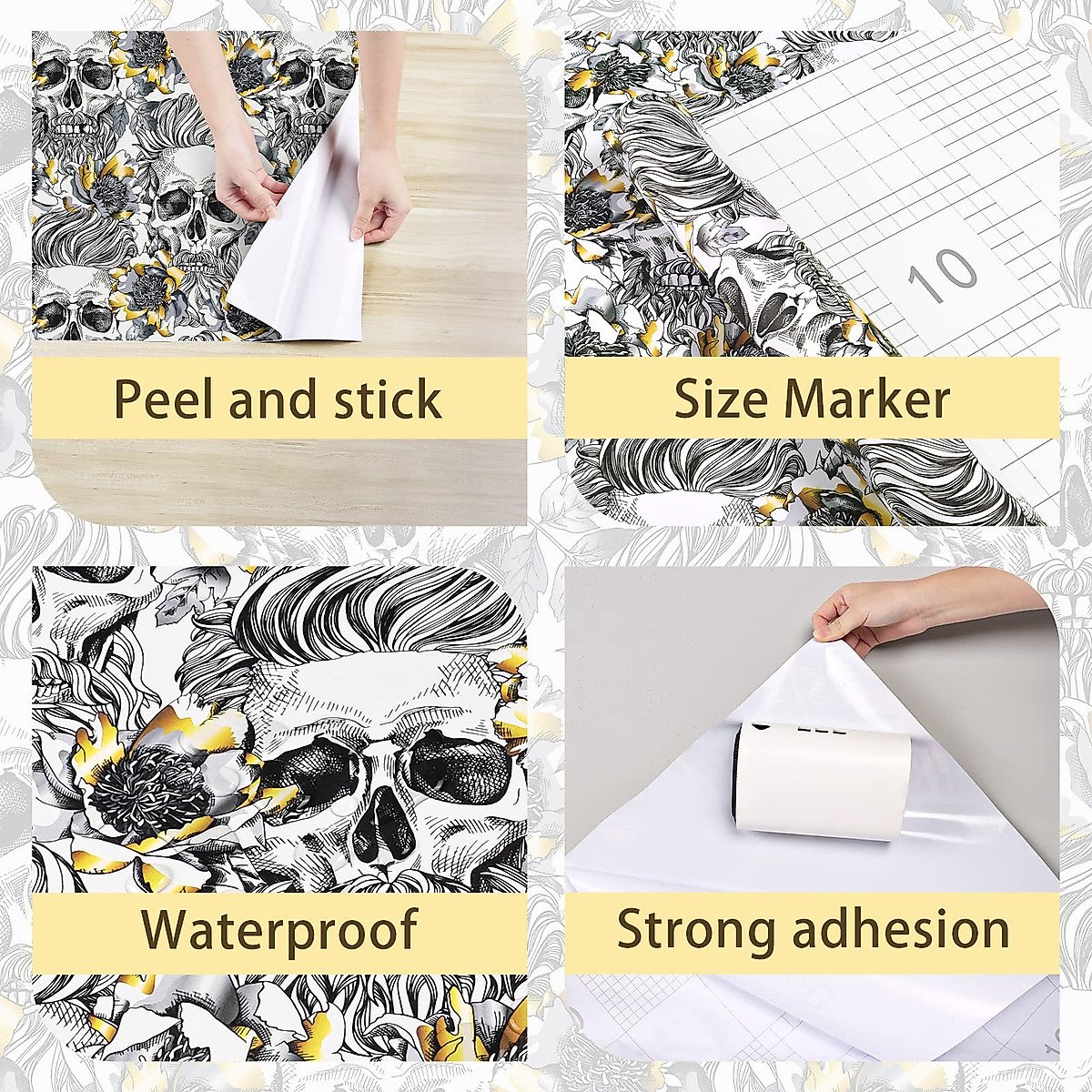 STICKEEP Skull Floral Wallpaper Stick and Peel Boho Gold Floral Peel and Stick Wallpaper for Bedroom Bathroom Wall Paper Black White Floal Contact Paper for Cabinets Self Adhesive Vinyl Roll 24”x118”