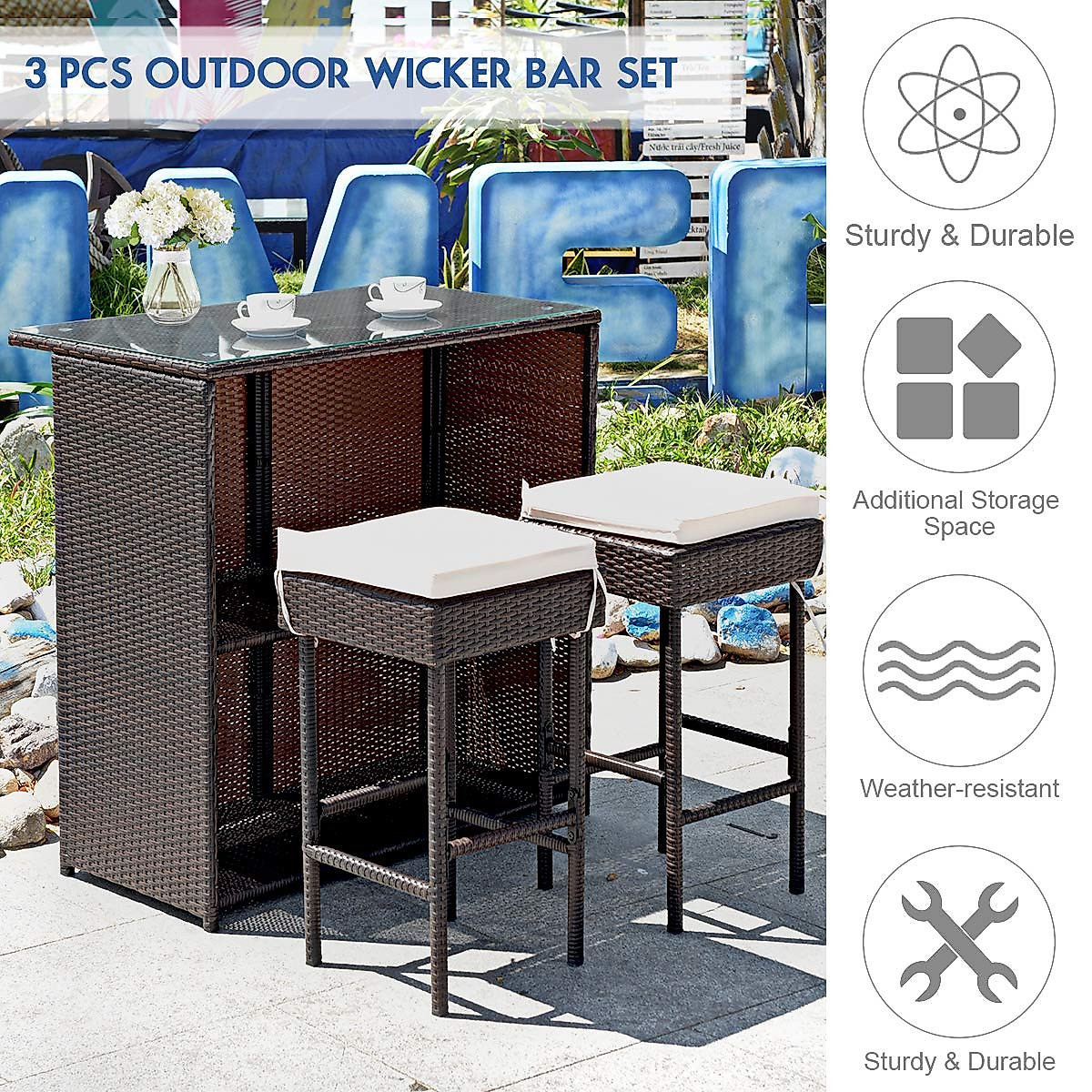 DORTALA 3 Pieces Rattan Patio Bar Table & Stool Set, Patio Furniture Set for Lawn Pool BackyardFront Porch, Dining Set w/Cushion, Beige