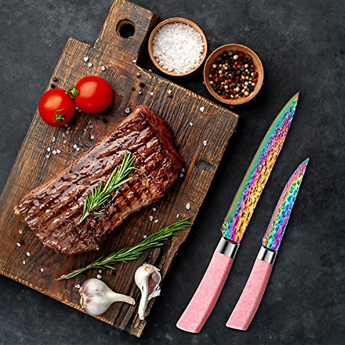 Rainbow Titanium Knife Set, Non Stick Thick and Sharp Stainless Steel Kitchen Knives Set with Acrylic Block, 15 Pcs Cutlery Knives Block Set, Chef Quality for Home & Pro Use, Best Gift, Pink Color