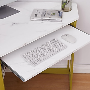VECELO Corner Desk Computer Desk Writing Table with Smooth Keyboard Tray & Storage Shelves,Compact Home Office Triangle Table,Gold & White