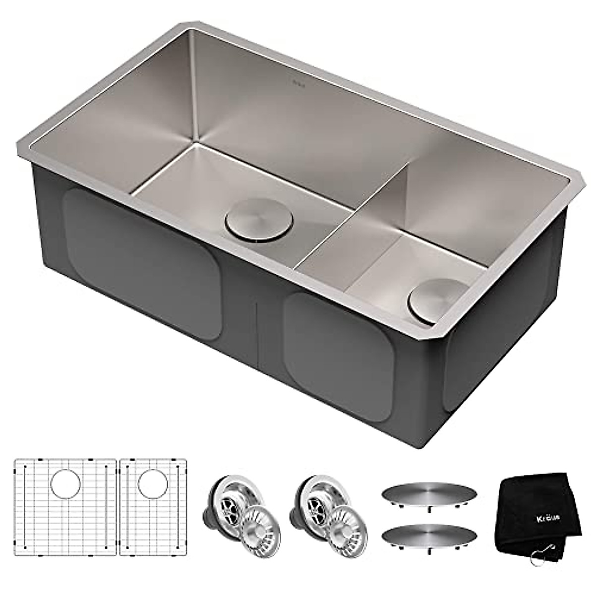 Kraus KHU103-32 Standart PRO 32 inch 16 Gauge Undermount 60/40 Stainless Steel Set (8 Item Bundle: Sink, Bottom Grid Assembly, Drain Cap x2, Kitchen Towel), 32, 50/40 Double Bowl, Silver