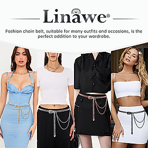 Linawe Silver Belt for Women Dress Waist Chain Accessory Jeweled Belts Thin Rope String Body Belly Fashion Jewelry for Jeans Pants Metal Pin Buckle Goth Sexy Costume Accessories Gift for Mom Wife Her