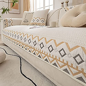 vctops Boho Geometric Embroidery Sofa Couch Cover Cotton Love Heart Quilted Sectional Couch Covers Non-Slip Washable Sofa Slipcover for Dogs, Children, Pets Furniture Protector (Cream,36"x63")
