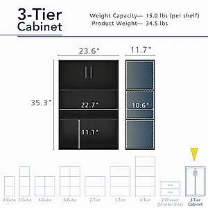 HOMES: Inside + Out Apexa Stackable Wood Bookcase with Doors, Cube Storage Organizer Shelves, Small Food Pantry, Dorm Teen Room Decor & Bedroom, Home Office, Kitchen, 3-Tier Cabinet, Black