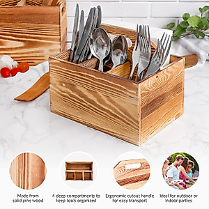 Utensil and Napkin Holder Flatware Caddy with Handle in Rustic Wood for Forks, Spoons and Knives, Silverware Organizer