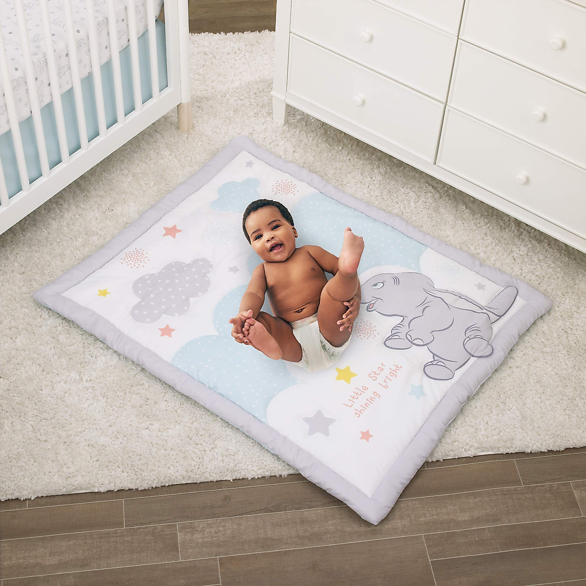 Disney Dumbo - Shine Bright Little Star Aqua, Grey, Yellow and Orange 3 Piece Nursery Crib Bedding Set - Comforter, Fitted Crib Sheet, Dust Ruffle