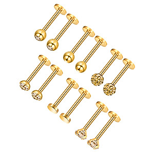 Sumind Nose Studs 16G tragus piercing jewelry Tragus Earrings Lip Rings Diamond Crystal Stainless Steel Labret Bars Body Piercing Jewelry, 6 Designs(Gold)