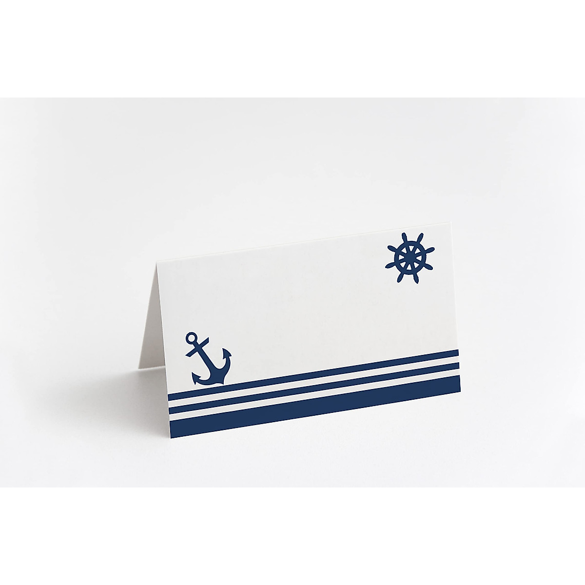 Nautical Place Cards - 25 Pack - Nautical Food Cards. Blue Anchor and Captain’s Wheel over Stripes Design, for Dinner Parties, Banquets, Cocktail Parties, Buffet. 2” x 3.5”. Scored for Folding.