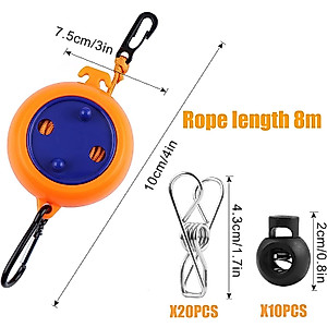Portable Travel Clothesline Set,Adjustable Camping Clothesline,8m Anti-Tangle Retractable Clothesline,with 10 Fixed Buckles and 20 Clothespins, for Indoor Outdoor Balcony Garden Hotel