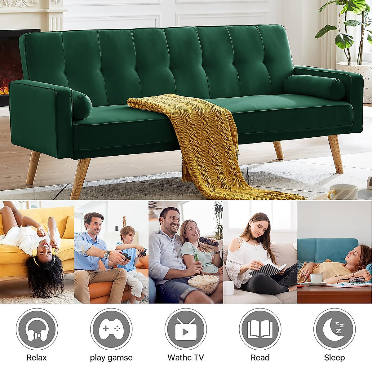 Anwickmak Blue Velvet Couch, Small Sleeper Sofa Love Seat Includes 2 Pillows, 58" Tufted Loveseat Sofa, 4 Golden Metal Legs, Mid Century Modern Sofas for Living Room and Bedroom (Beige)