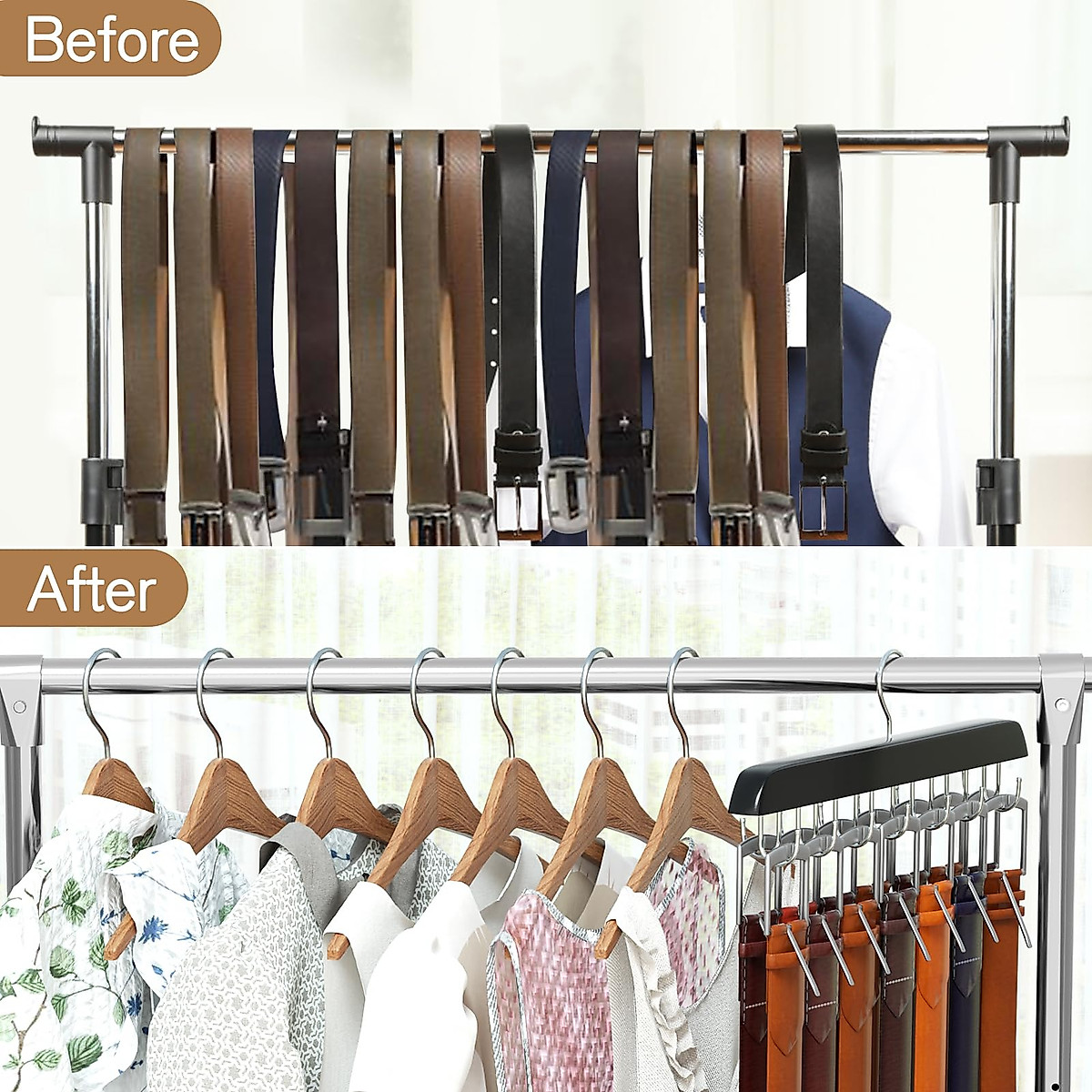 MaxGear Belt Hanger for Closet Max 42 Belts, Lotus Wood Belt Organizer with 14 Hooks, 360°Rotating Belt Holder Large Capacity Belt Rack for Belt, Tie, Bra, Tank Top & Underwear Storage - Black, 1 Pack