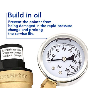 Accumeter 3/4 Lead-Free Water Pressure Regulator Brass Water Valve with Gauge, Adjustable Pressure Reducer for RV Camper, Build in Oil, NH Thread