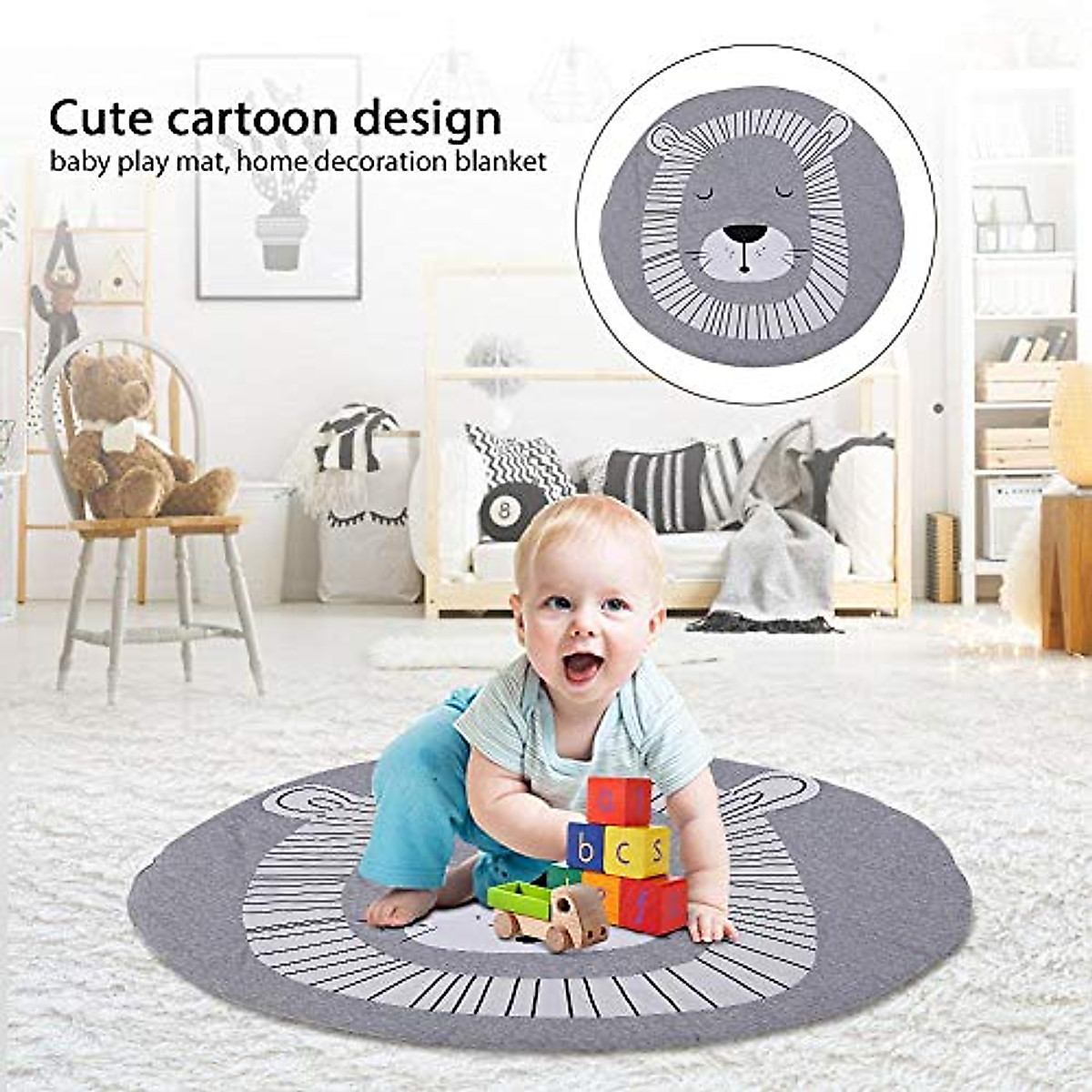 Cartoon Round Animal Pattern Play Rugs Soft Cotton Baby Toddler Play Mat Crawling Blanket for Baby Girl Boy Bedroom Decor (Gray Lion)