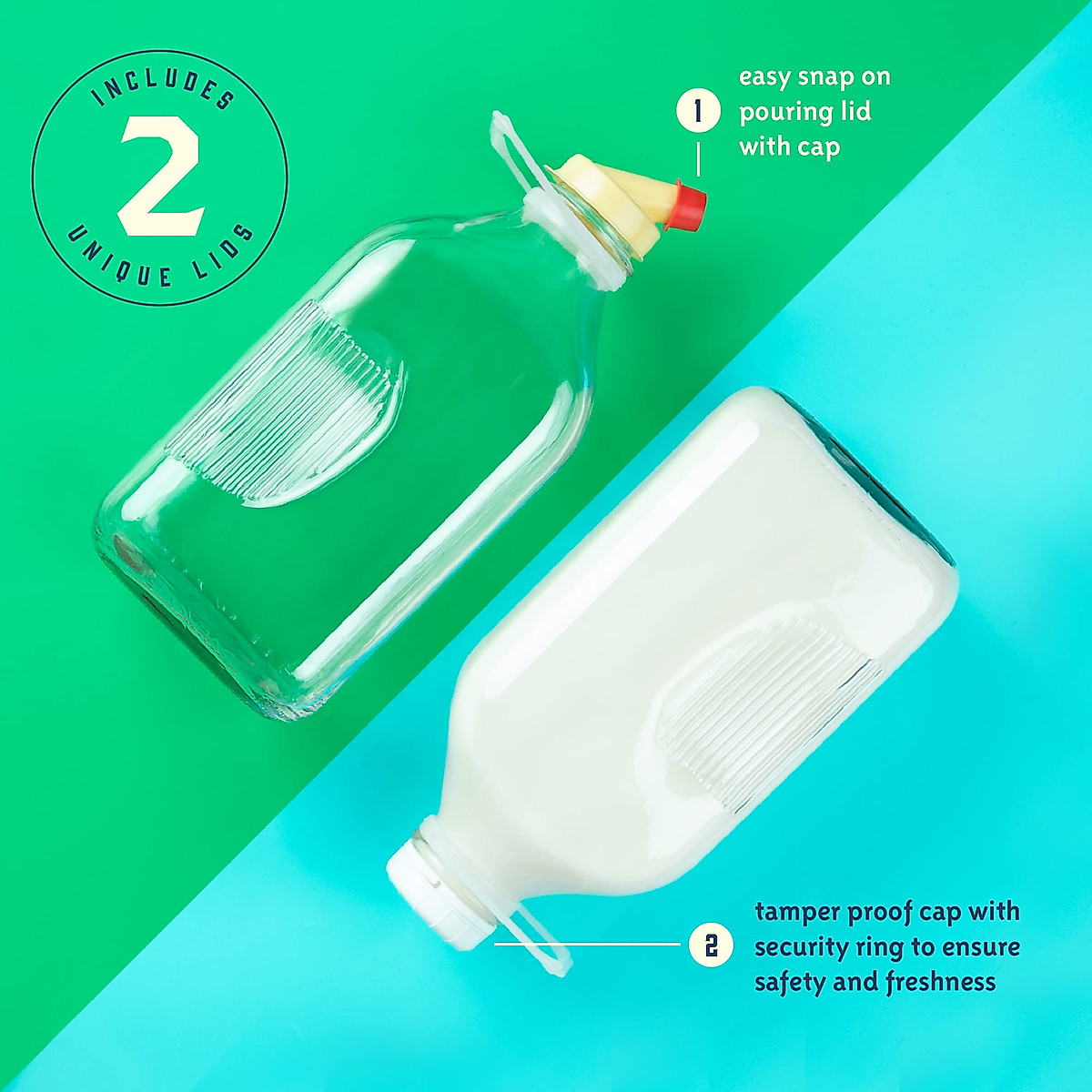 kitchentoolz 64 Oz Glass Milk Bottle with Lids, Half Gallon Milk Dispenser Container for Refrigerator, Glass Carafe Pitcher with Lid and Pour Spout