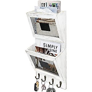 DORAMII Rustic Wooden Mail Holder Wall Mounted with 4 Key Hooks, Wooden Mail Sorter Organizer, 2 Slot Mail and Key Holder for Wall and Rustic Home Decor Entryroom, Mudroom, Hallway, Kitchen, Office…