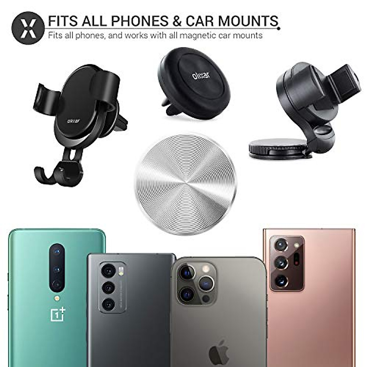 Olixar Phone Magnet Sticker, Phone Case Magnet - Put in Phone Case and Use with Car Phone Holder - Thin Magnets Stickers Mount Magnetic Plate - Black, Silver, Rose Gold & Gold - Universal - 4 Pack