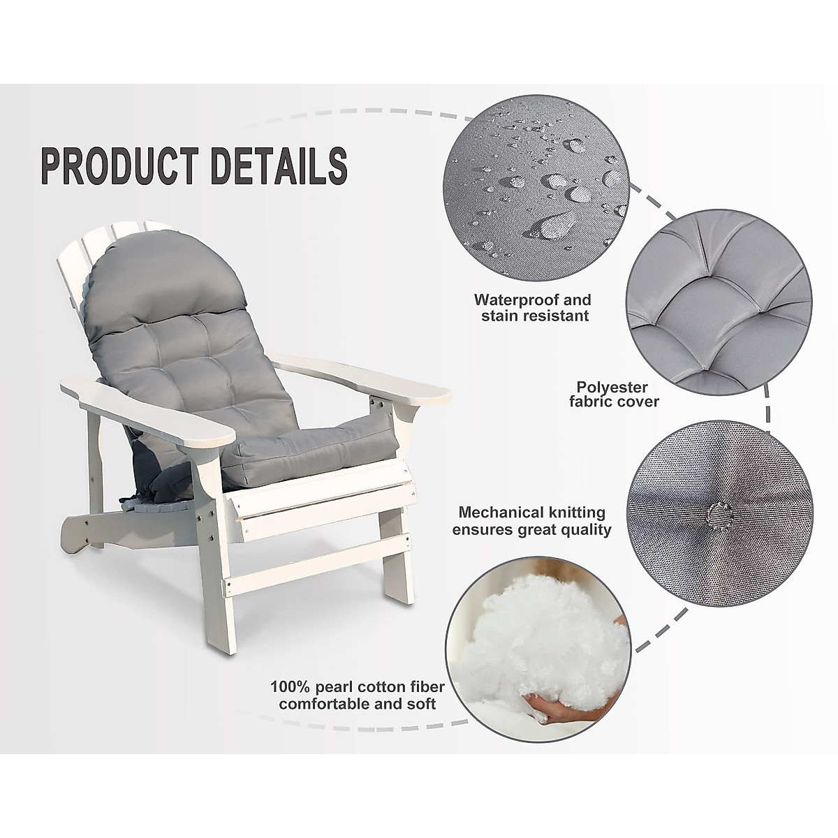COSNUOSA 2 Pcs Rocking Chair Cushion High Back Adirondack Chair Cushion Waterproof Patio Cushions for Outdoor Furniture Light Gray