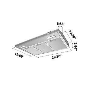 30 inch Under Cabinet Range Hood with Filters, Slim Vent Hood with 3 Speed Exhaust Fan in Stainless Steel Ducted and Ductless Convertible