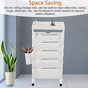 DULRLLY 6 Tier Movable Book Rack Storage Bookshelf Rolling Utility Cart Bookcase Organizer Removable Bookshelfs with Wheels Multifunctional Book Cart File Storage Book Shelf for Office Bedroom(White)