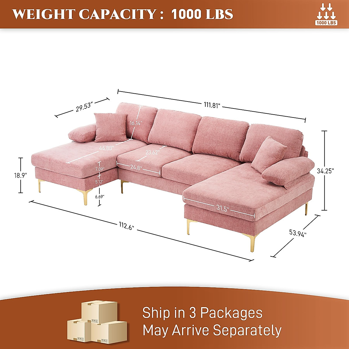 OUYESSIR U-Shaped Sectional Sofa Couch, 4 Seat Sofa Set for Living Room, 110.6" L-Shaped Chenille Sleeper Couch Set with Double Chaise Lounge (Pink)