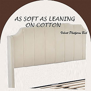 Queen Size Velvet Upholstered Platform Bed Frame with Comfortable Headboard, Modern Elegant Platform Bed with Sturdy Wood Slats Support & Footboard for Bedroom Girls, No Box Spring Needed (Beige)