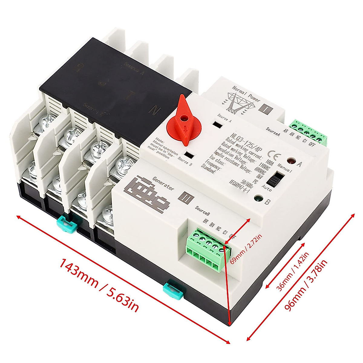 Dual Power Automatic Transfer Switch, NLQ3 125 4P 100A 110V Mini ATS Electrical Selector Switches Din Rail Mounted Dual Power Switch Generator Changeover Switch for Emergency Power