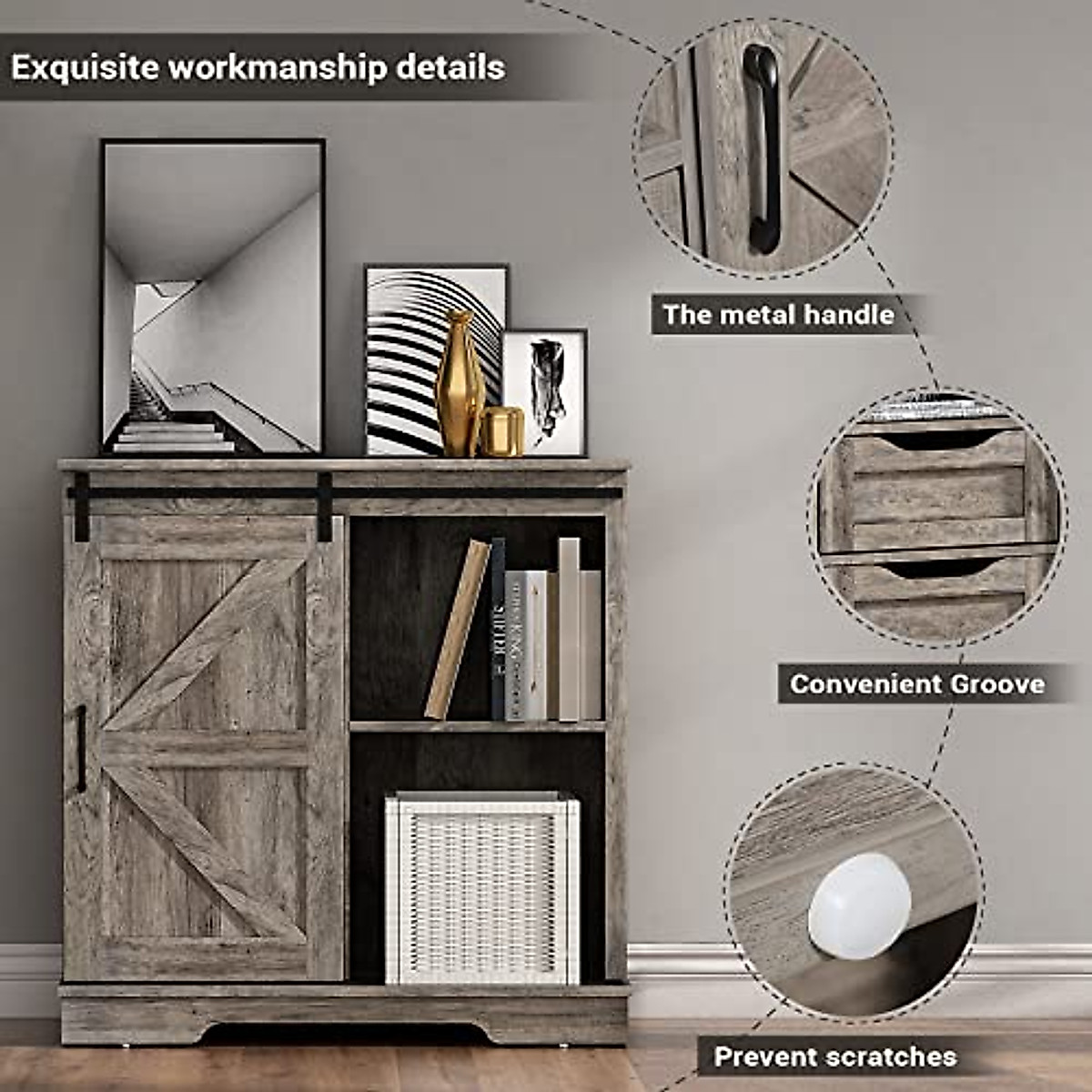 Ahvqevn Farmhouse Coffee Bar Cabinet, 33.64" Coffee Bar Cabinet with 2 Drawers and 3 Open Storage Shelf, Kitchen Hutch Buffet Storage Cabinet Design for Kitchen, Living Room, Entryway, Grey