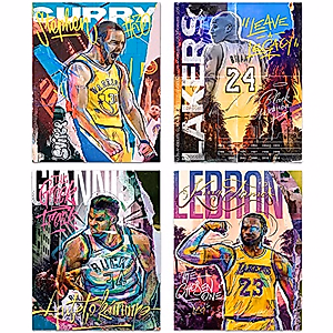 Basketball Stars Wall Art, Graffiti Basketball Art Prints, Stephen Curry Lebron James Giannis Antetokounmpo Canvas Motivational Posters for Boy's Room Man Cave Home Decor, 4-Set (8"x10" Unframed)