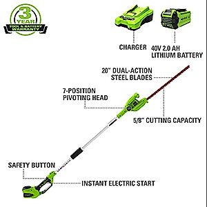 Greenworks 40V 20" Cordless Pole Hedge Trimmer, 2.0Ah Battery and Charger Included