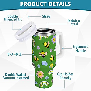 CIJEMAPW Bees Rainbow Insulated Tumblers Clouds Flowers 40 oz Water Bottles Travel Mug with Handle and Straw Lid Leakproof School Work Outdoor for Women & Men