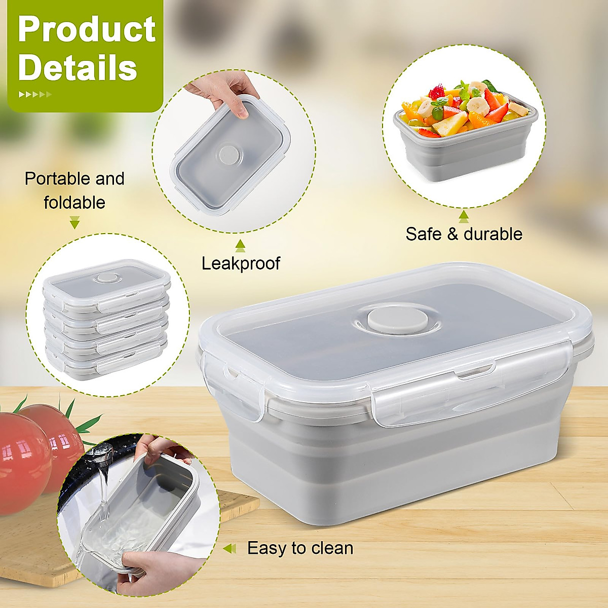 Mifoci Set of 8 Silicone Collapsible Food Storage Containers 17 oz Collapsible Meal Prep Container Square Bowl with Vent Lids, Microwave, Freezer and Dishwasher Safe(Gray)