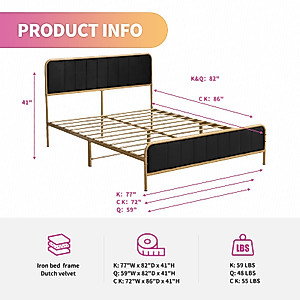 Mixoy Cal King Metal Bed Frame, Velvet Platform Bed Frame with Headboard, Heavy Duty Metal Mattress Foundation, Strong Metal Slat Support, No Box Spring Needed, Easy Assembly (Cal King,Golden/Black)