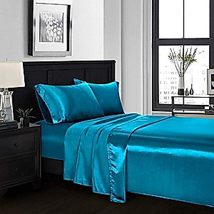 Cotton Home Depot Satin 9 PCS Comforter Set(Comforter + Duvet Cover + Flat Sheet + Fitted Sheet 21" Deep Pocket + Bedskirt + 4 Pillow Cases ) Bedding Set Turquoise Blue,California King