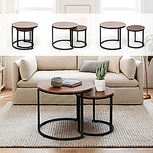 Coffee Tables for Living Room - Small Round Coffee Table Set of 2, Center Table with Solid Wood Grain Table Top and Sturdy Metal Frame, Nesting Tables for Small Spaces, Easy to Assemble (Walnut)