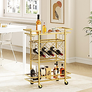 MAHANCRIS Gold Bar Cart, Home Bar Serving Cart, 3 Tier Drink Cart with 7 Wine Bottle Racks, Glass Holders, Beverage Cart on Wheels for Kitchen, Bar, Dining Room, Living Room, Outdoor, Glass, RCJ50B01