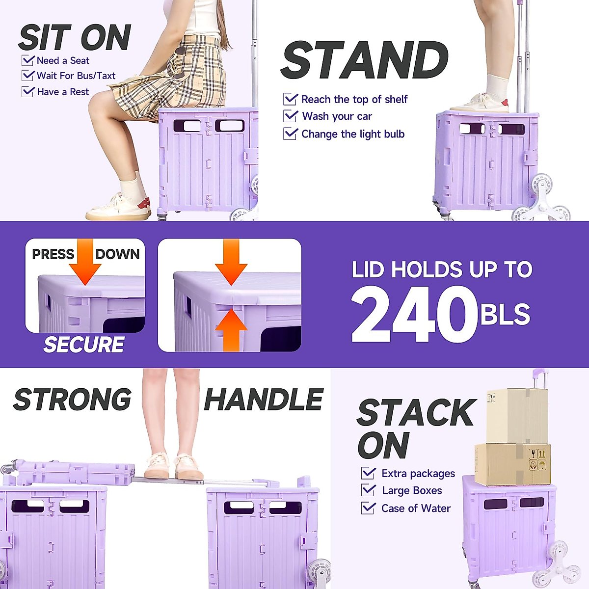 Honshine Foldable Cart with Stair Climbing Wheels, Collapsible Rolling Crate with Telescoping Handle, Handcart for Grocery Book File Tool Art Supplies(Lavender)