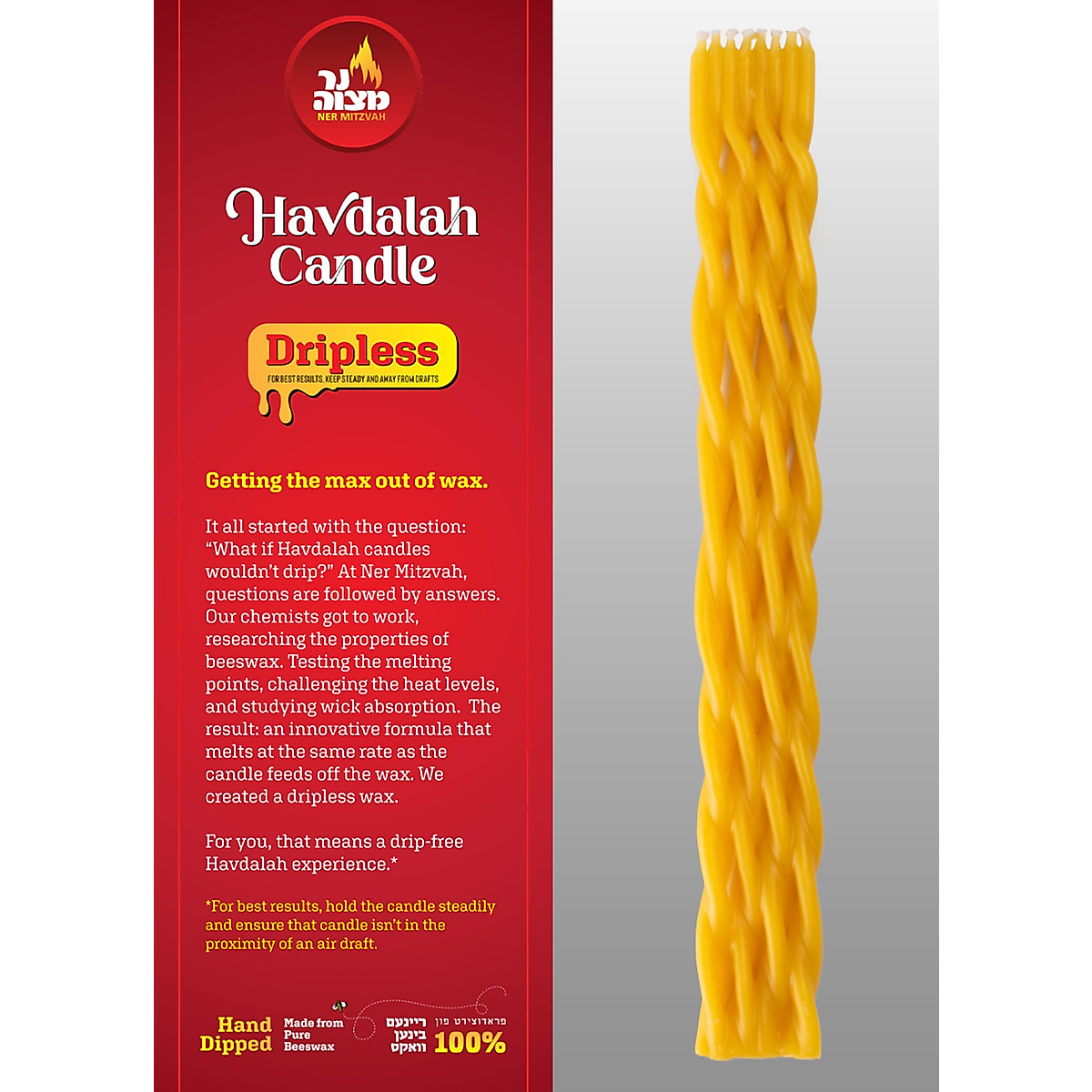 Ner Mitzvah Havdalah Candle DRIPLESS Braided Beeswax - Non-Drip - 12" Drip-Free Hand Dipped Bees Wax Braided Multi Wick Candle
