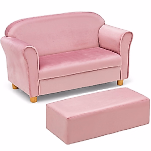 INFANS Kids Sofa with Ottoman, 2 Seat Toddler Upholstered Couch, Children Armrest Chair Lounge for Nursery Kindergarten Kids Room Boys Girls, Sturdy Wood Construction Velvet Surface (Pink, 2 Seats)