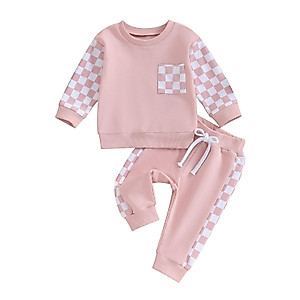 BeQeuewll Baby Girl Clothes Fall Winter Outfits Long Sleeve Sweatsuit Checkboard Sweatshirt and Pants Toddler Infant Clothing (pink, 6-12 Months)