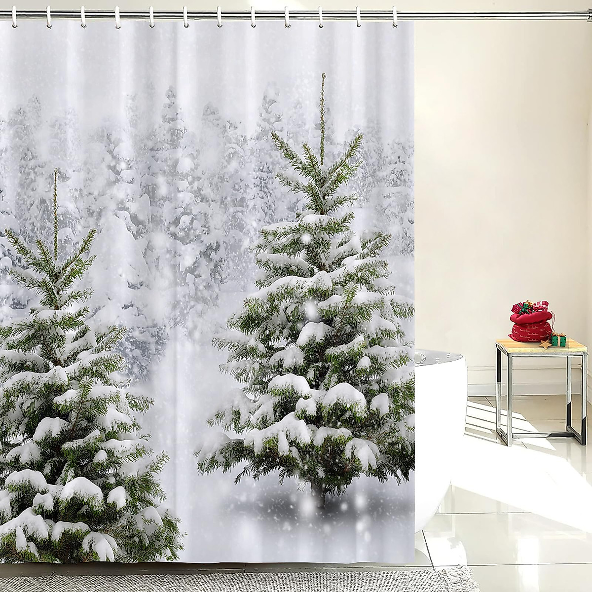 GOOESING Christmas Tree Shower Curtain Winter Forest Pine Tree Snowflake Snowfall Natural Scene Bathroom Shower Curtains for Bathtub Decoration with Hooks 60x72 Inch