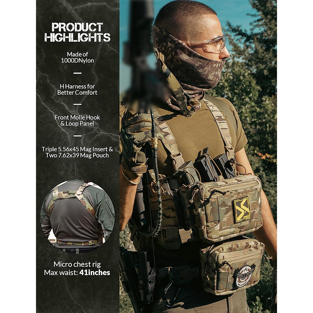 BOMTURN Chest Rig Tactical Airsoft Chest Rig 1000D Molle Micro Chest Rigs Adjustable Detachable Modular Vest with Mag Pouch