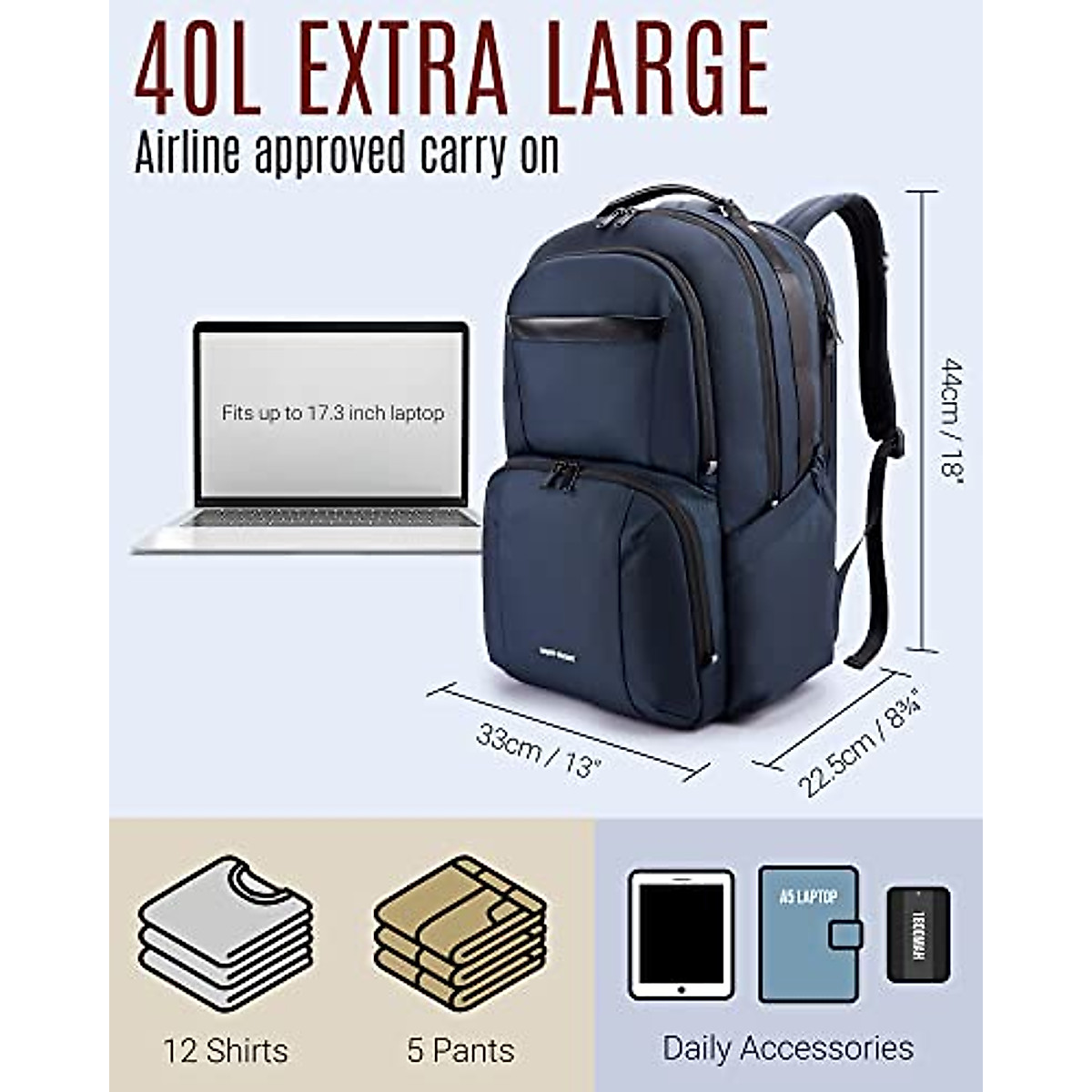 LIGHT FLIGHT Laptop Backpack for Men, Travel Backpack for Men Women bag with Charging Port Fits 17.3 Inch Computer, 40L Back Pack for Business Work College, Dark Blue