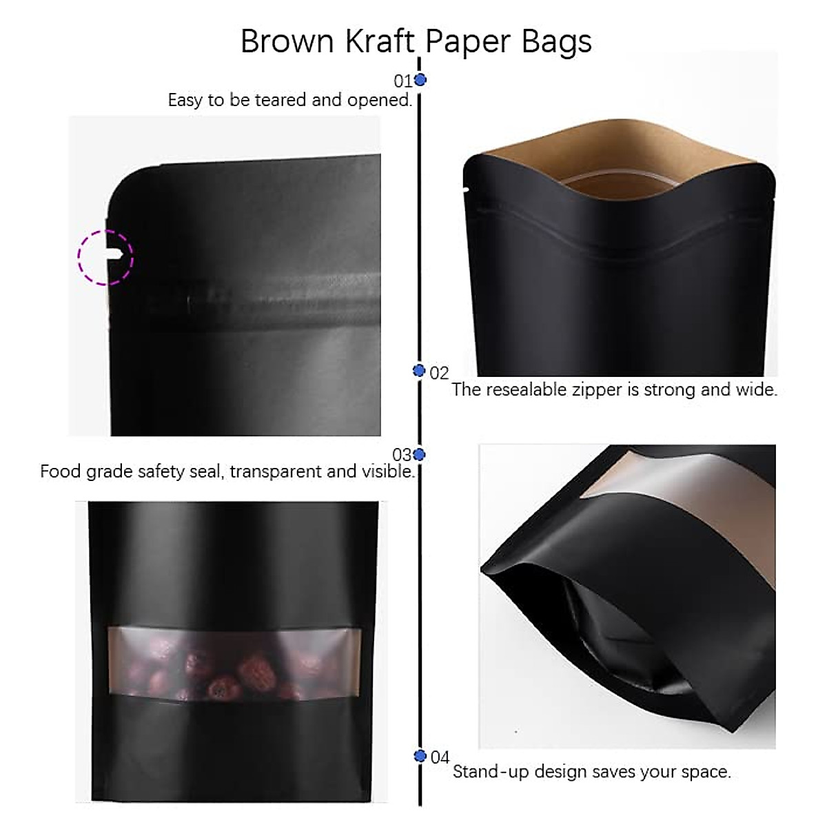 PQZKLDP 100pcs Black Kraft Paper Stand Up Pouches, Ziplock Stand Up Food Storage Bags with Matte Window, Reusable, Heat-Sealable for Packaging in Home , Office , Outdoors (Mixed Size)