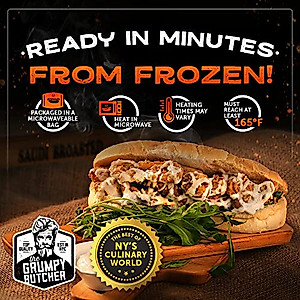 Grumpy Butcher Chicken Sandwiches (8 pack, each 4 oz) | Pulled Chicken with Caramelized Onions & Cheese | Fully-Assembled On Premium Bun | Just Heat & Eat