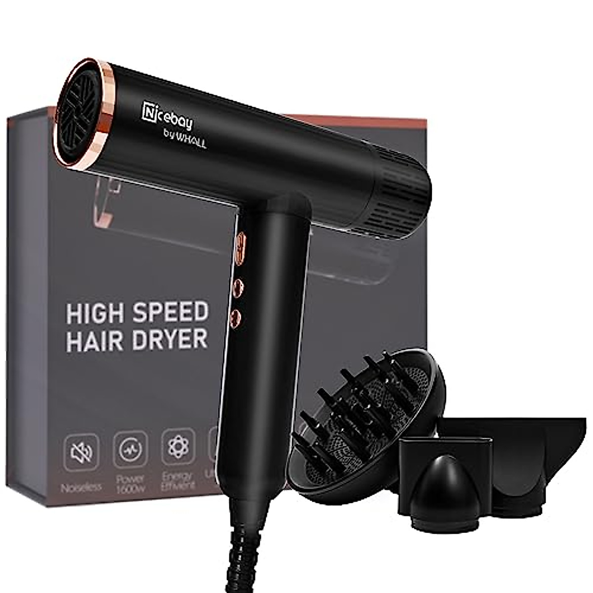 Nicebay Ionic Hair Dryer, Professional Blow Dryer with 3 Attachments, 110000RPM High-Speed Brushless Motor for Fast Drying, Lightweight, Low Noise, 1600W Hairdryer with Diffuser