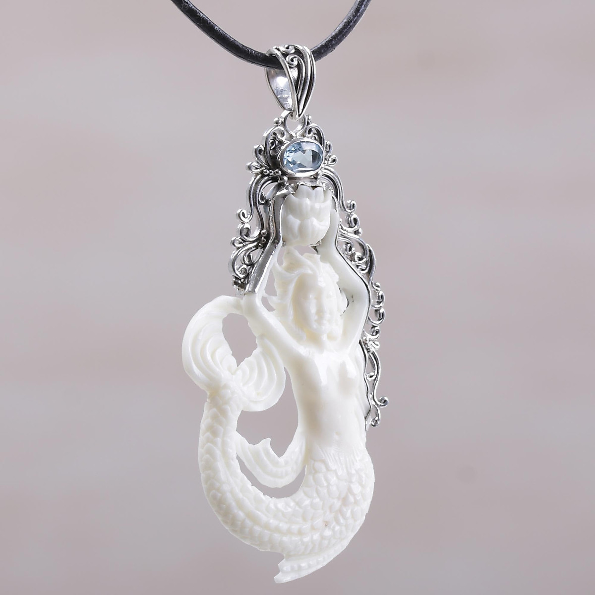 NOVICA Artisan Blue Topaz and Bone Pendant Necklace Sterling Silver Mermaid Leather Indonesia Animal Themed Birthstone Sea Lifemermaid [19.75 in L 2 mm W Pendant(s) 3 in H x 1.4 in W x 0.3 in D] '