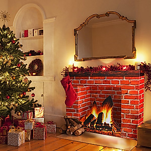 Christmas Cardboard Fireplace Prop- 3D Artificial Red Brick Cardboard Fireplace- Brick Fireplace Stand-Up- Fake Fireplace Backdrop for Christmas Decoration
