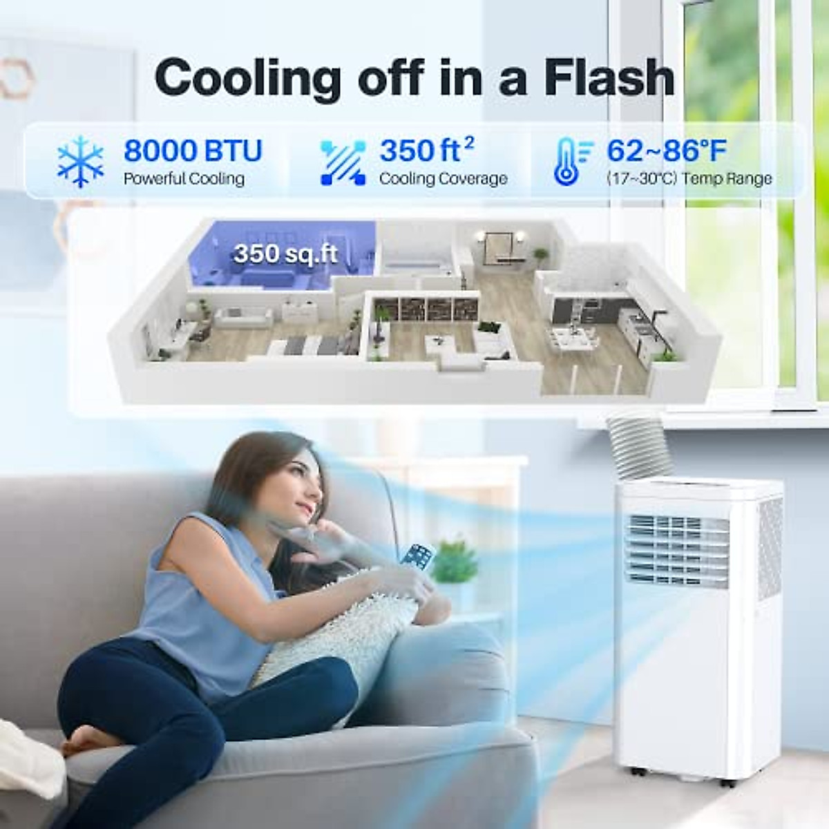 Rintuf Portable Air Conditioner, 8000 BTU AC Unit with Dehumidifier & Fan Modes, Up to 350 Sq.Ft, Remote Control, 24H On/Off Timer, Quiet Air Conditioner for Room, Window Mount Kit